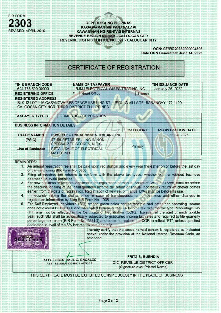 Permits and Certificates – RJMJ Electrical Wires Trading Inc.